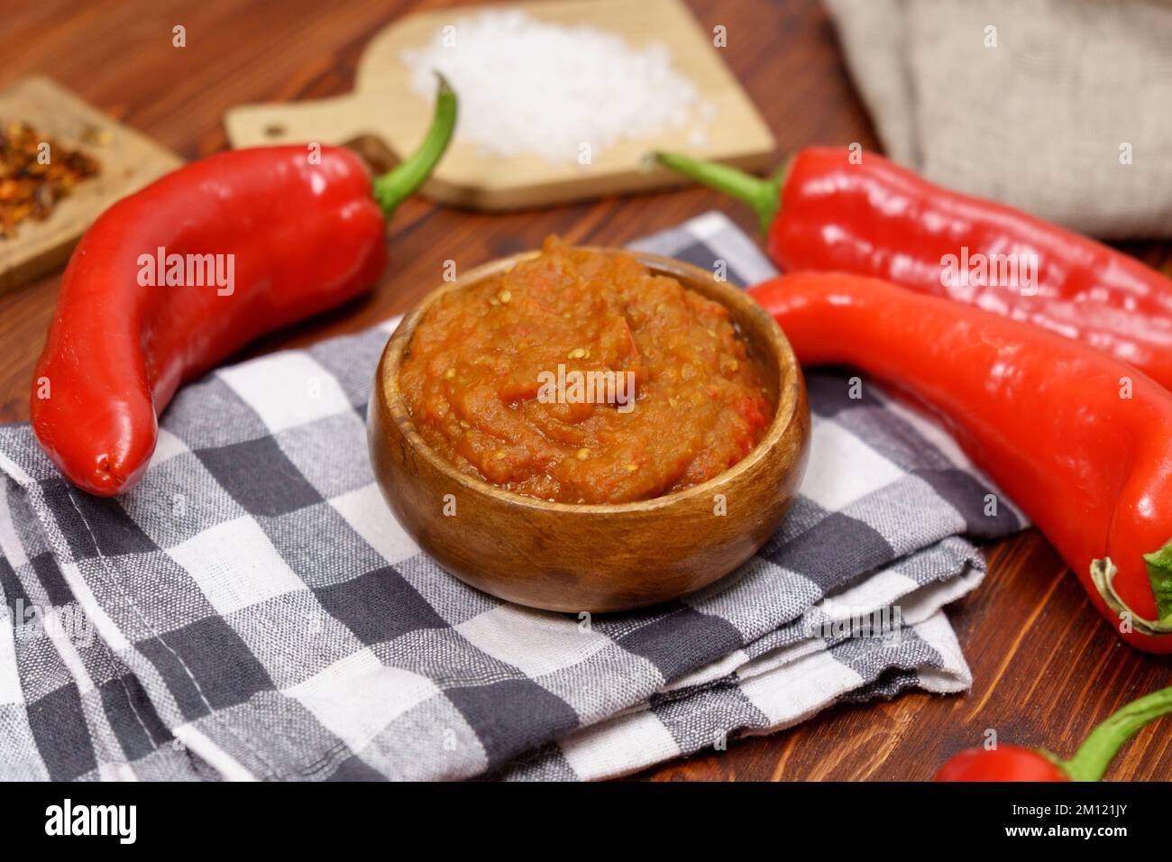 Balkan snack of bell pepper Ajvar and eggplant. Vegan food. Healthy ...