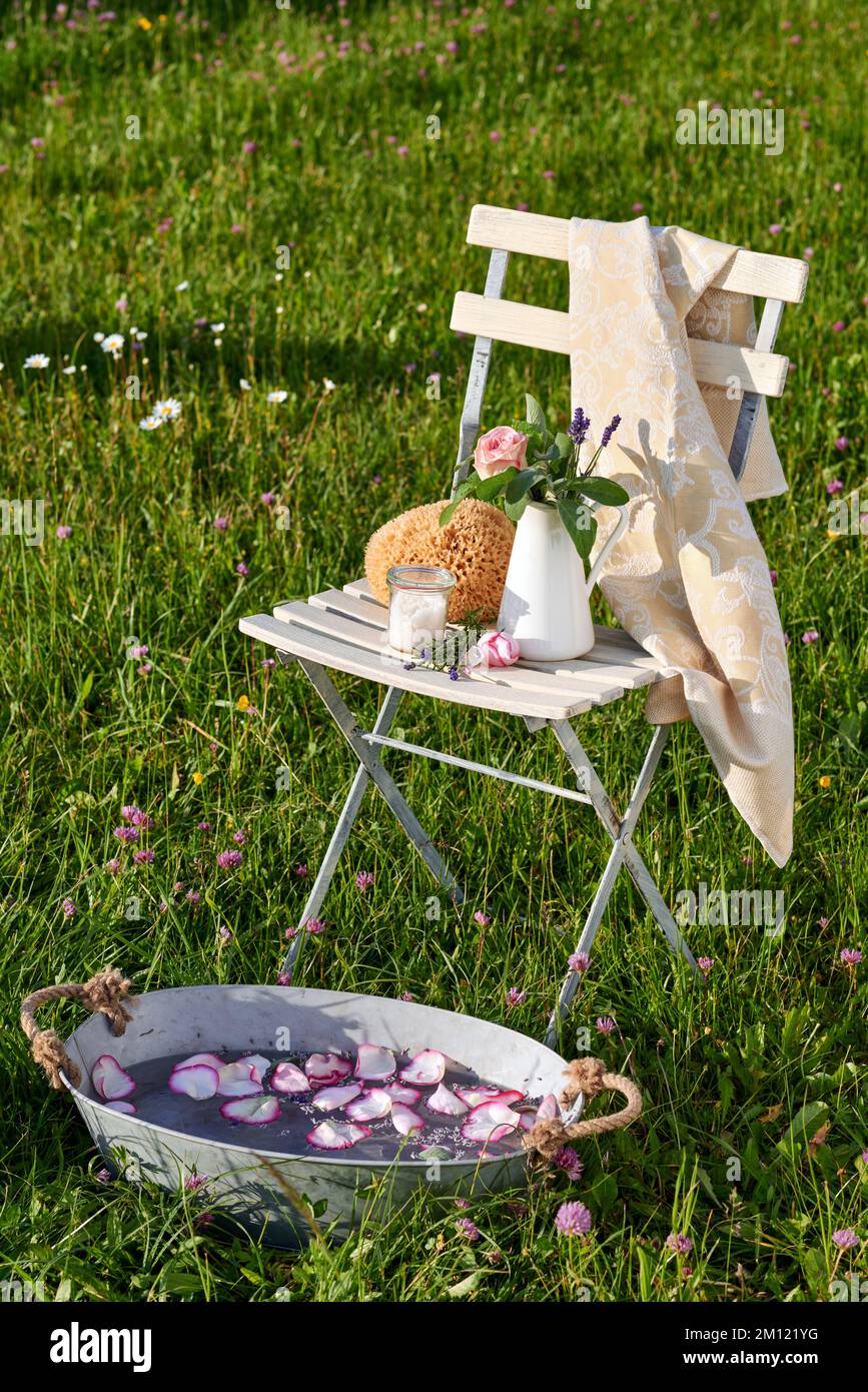 Barefoot walking - utensils such as natural sponge, salt, lavender ...