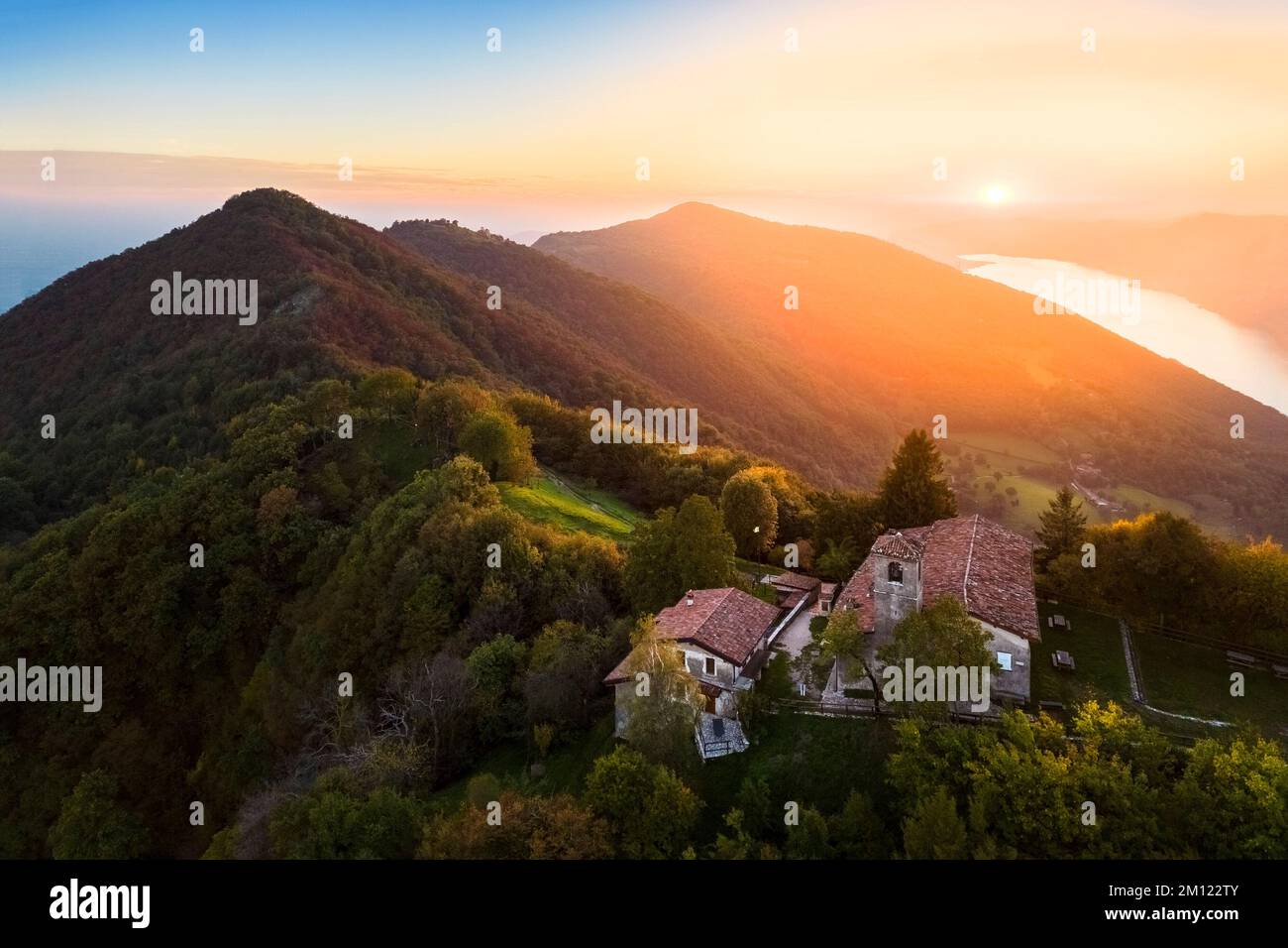 Sunset on Iseo Lake and Montisola from the small church of Santa Maria ...