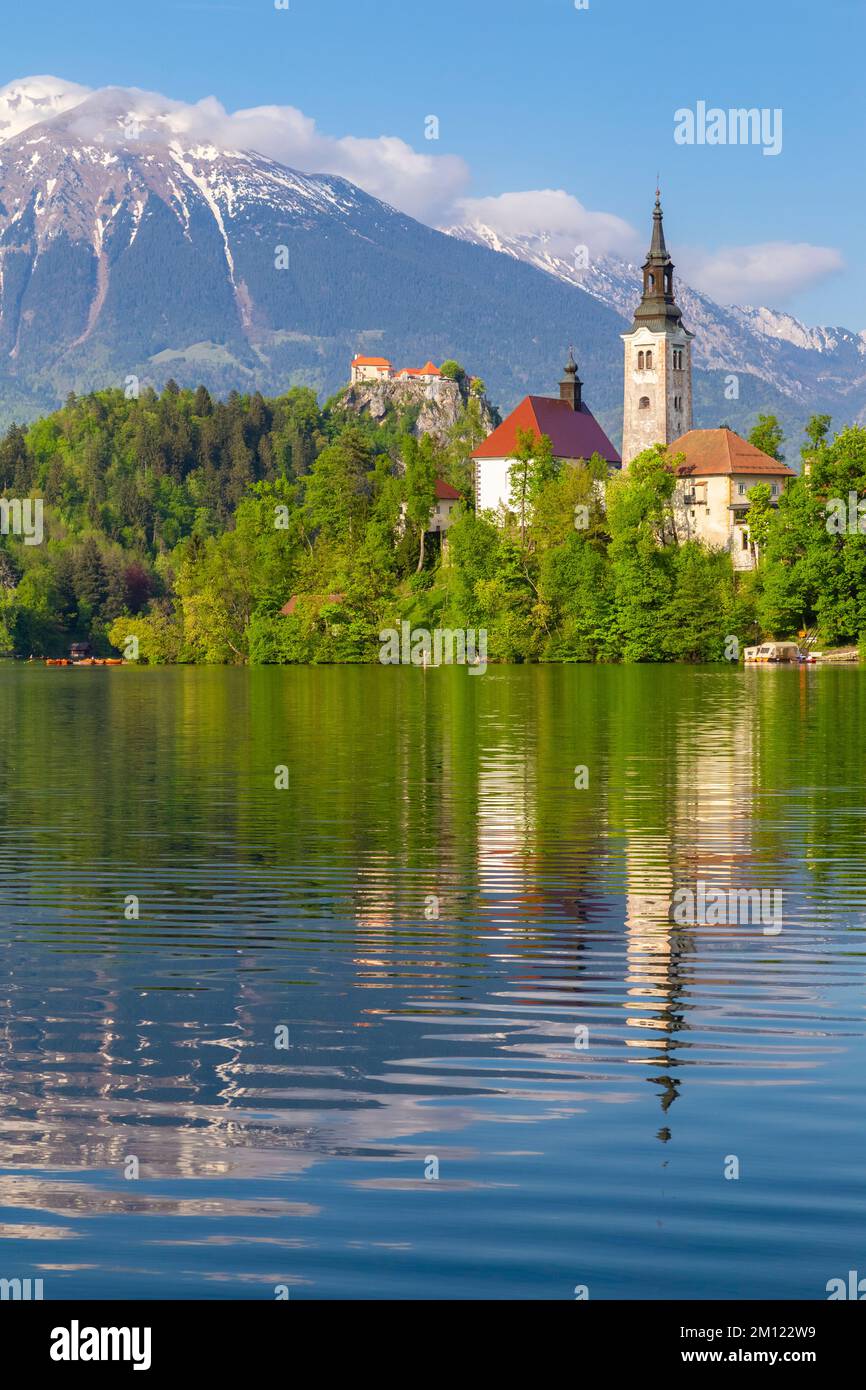 View of lake Bled at in spring with the small island and Assumption of ...