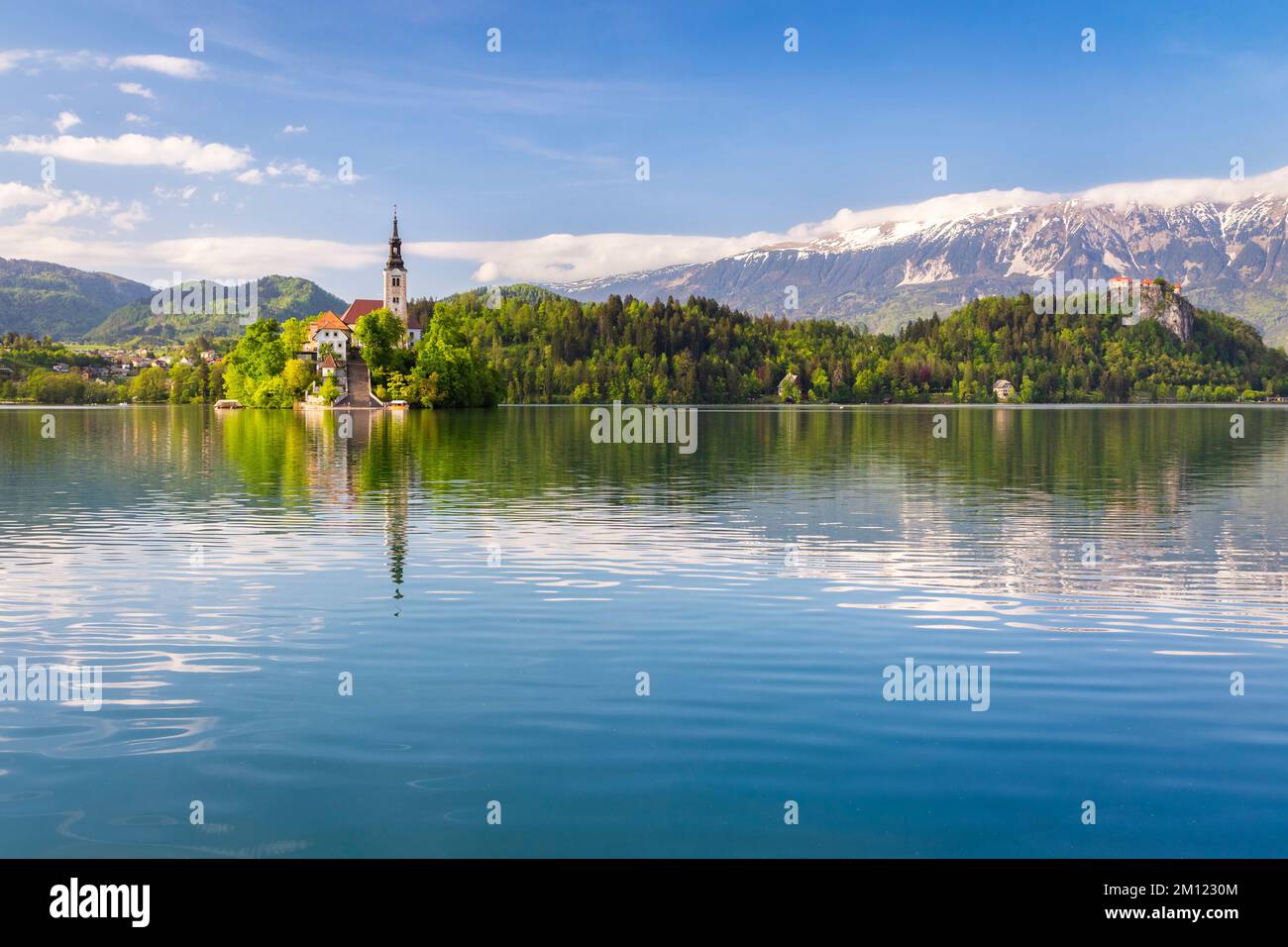 View of lake Bled at in spring with the small island and Assumption of ...