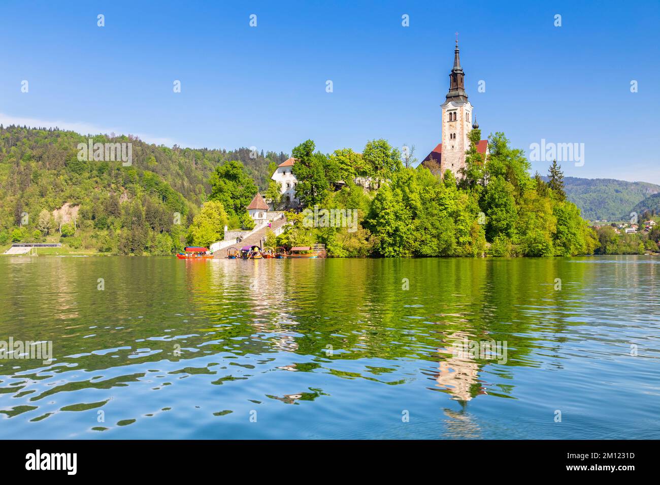 View of Bled church and island on Lake Bled. Bled, Upper Carniola ...