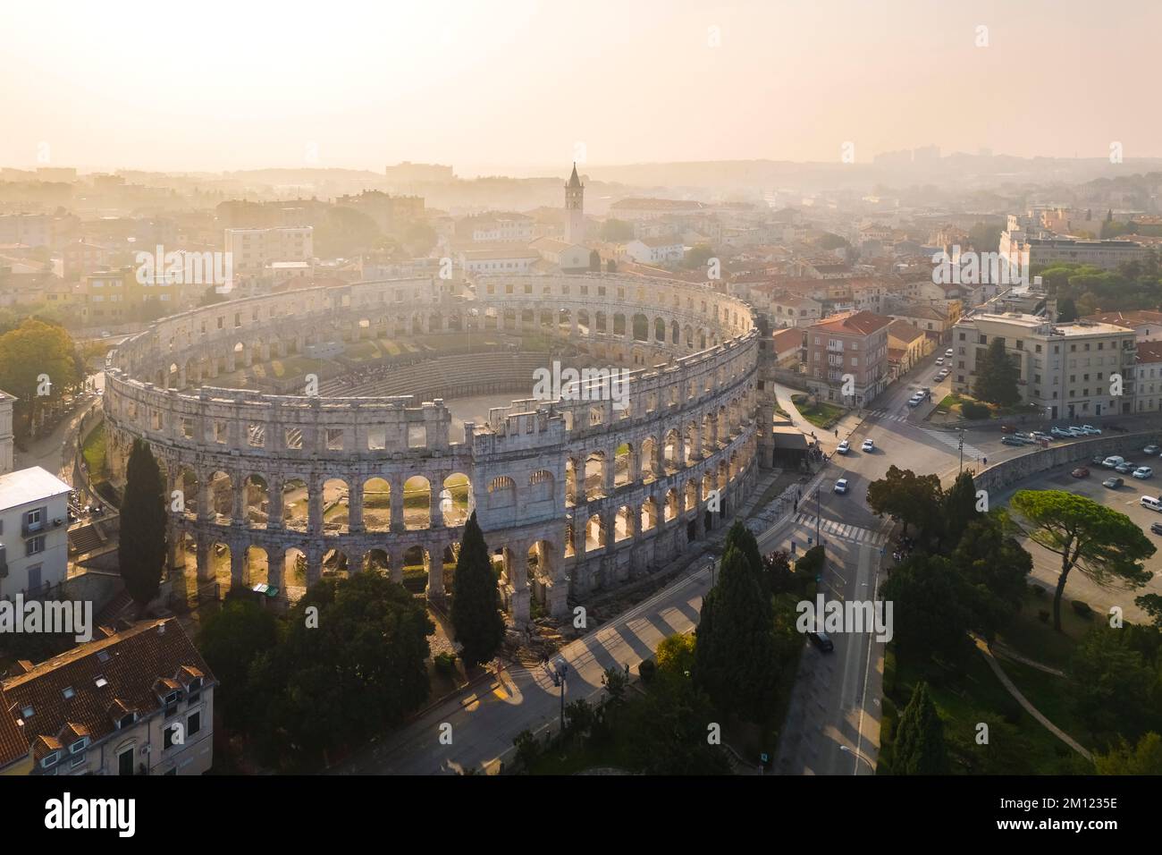 View of the Pula Arena at sunrise. Pula, Istria, Croatia Stock Photo ...