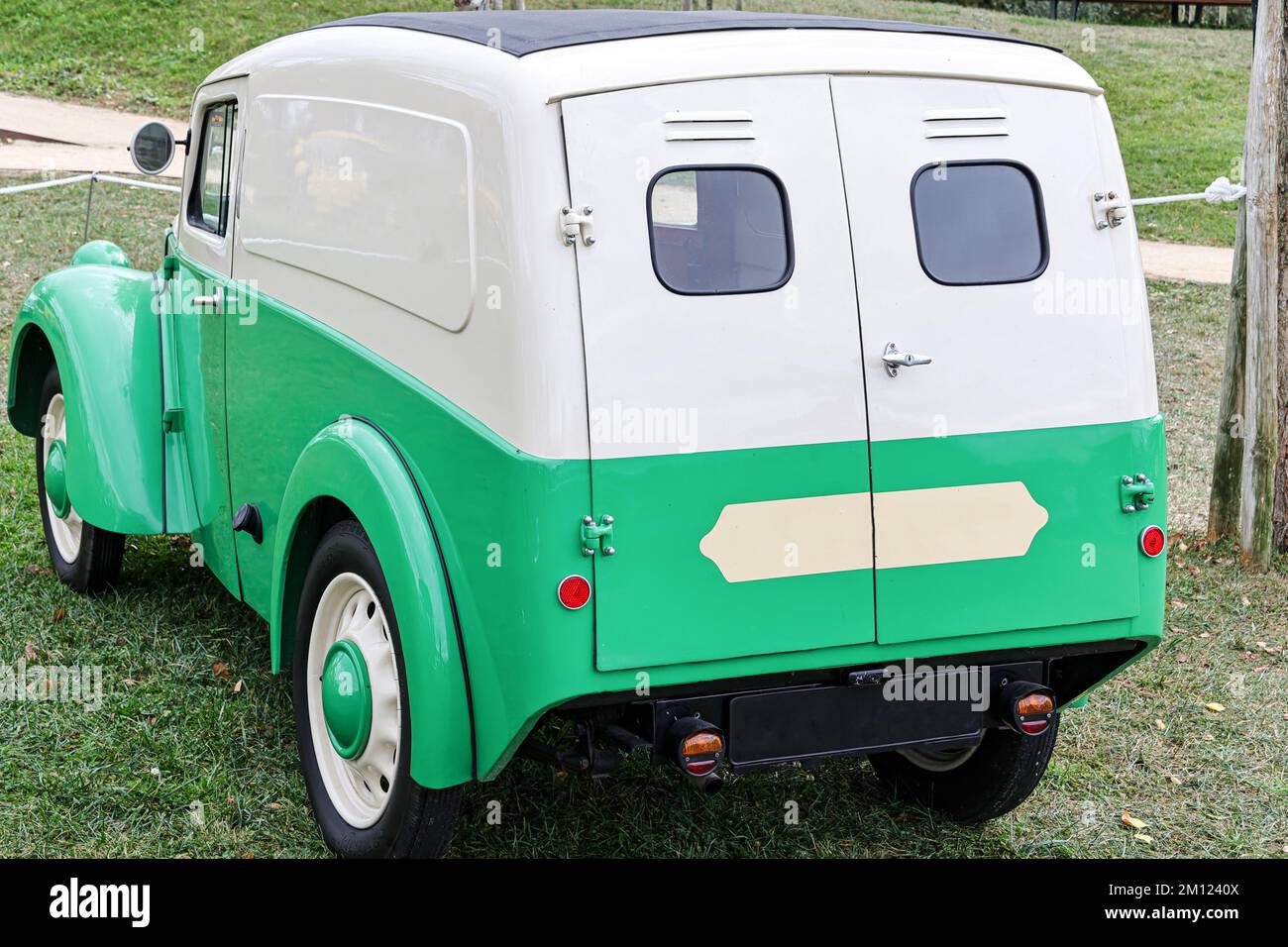The view from behind of a green Morris Van model Austin parked on the ...