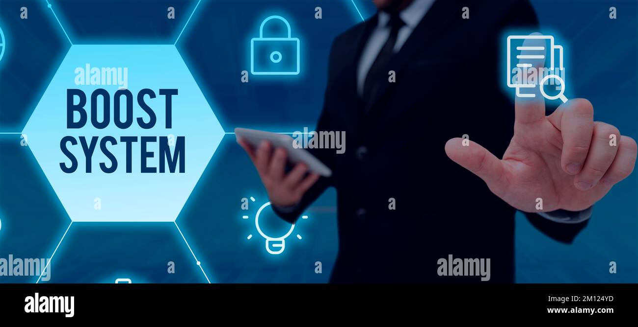 Hand writing sign Boost System. Business concept Rejuvenate Upgrade Strengthen Be Healthier ...