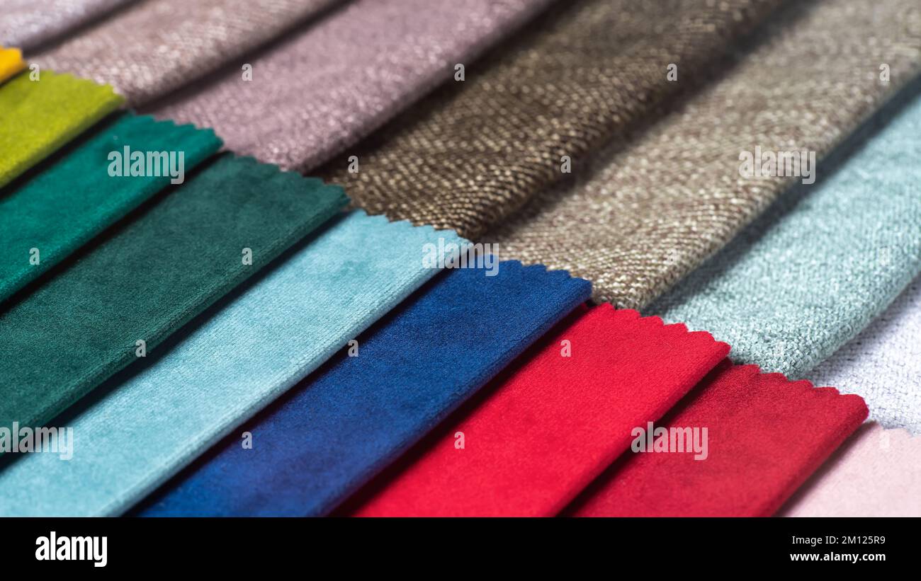 Bright collection of colorful textile samples. Fabric swatches, set in ...