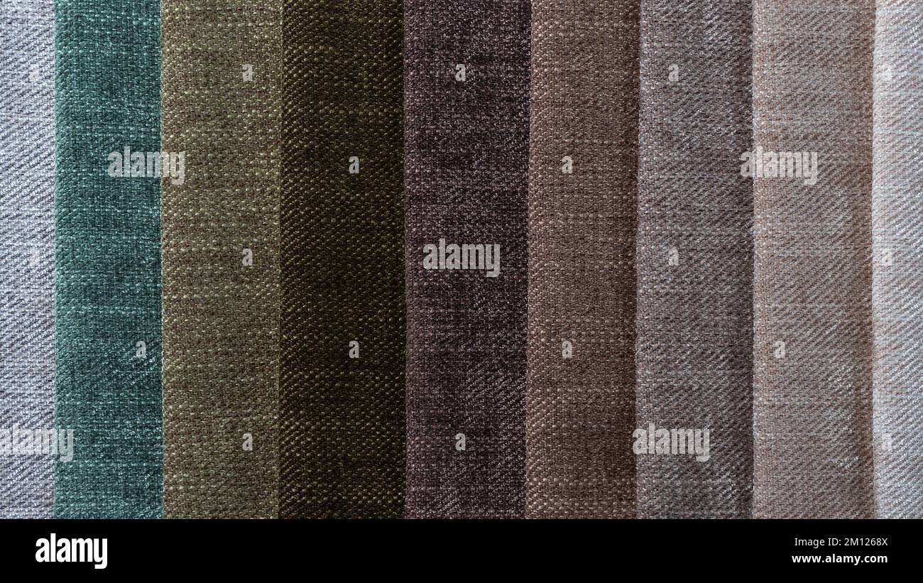 Bright collection of colorful textile samples. Fabric swatches, set in ...