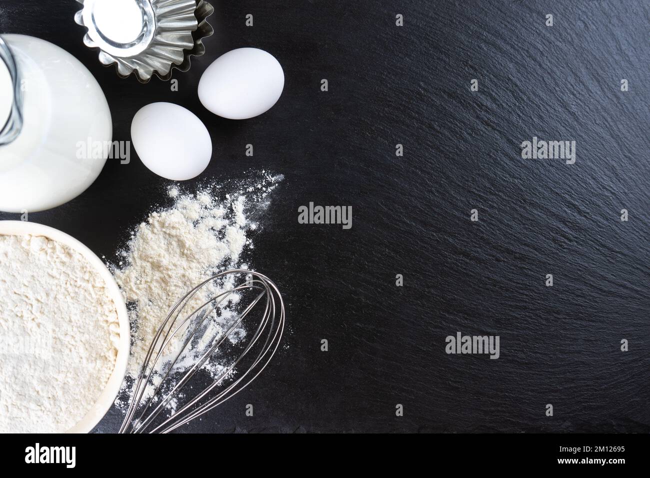 Baking cooking Ingredients background with copy space. Flour, eggs ...