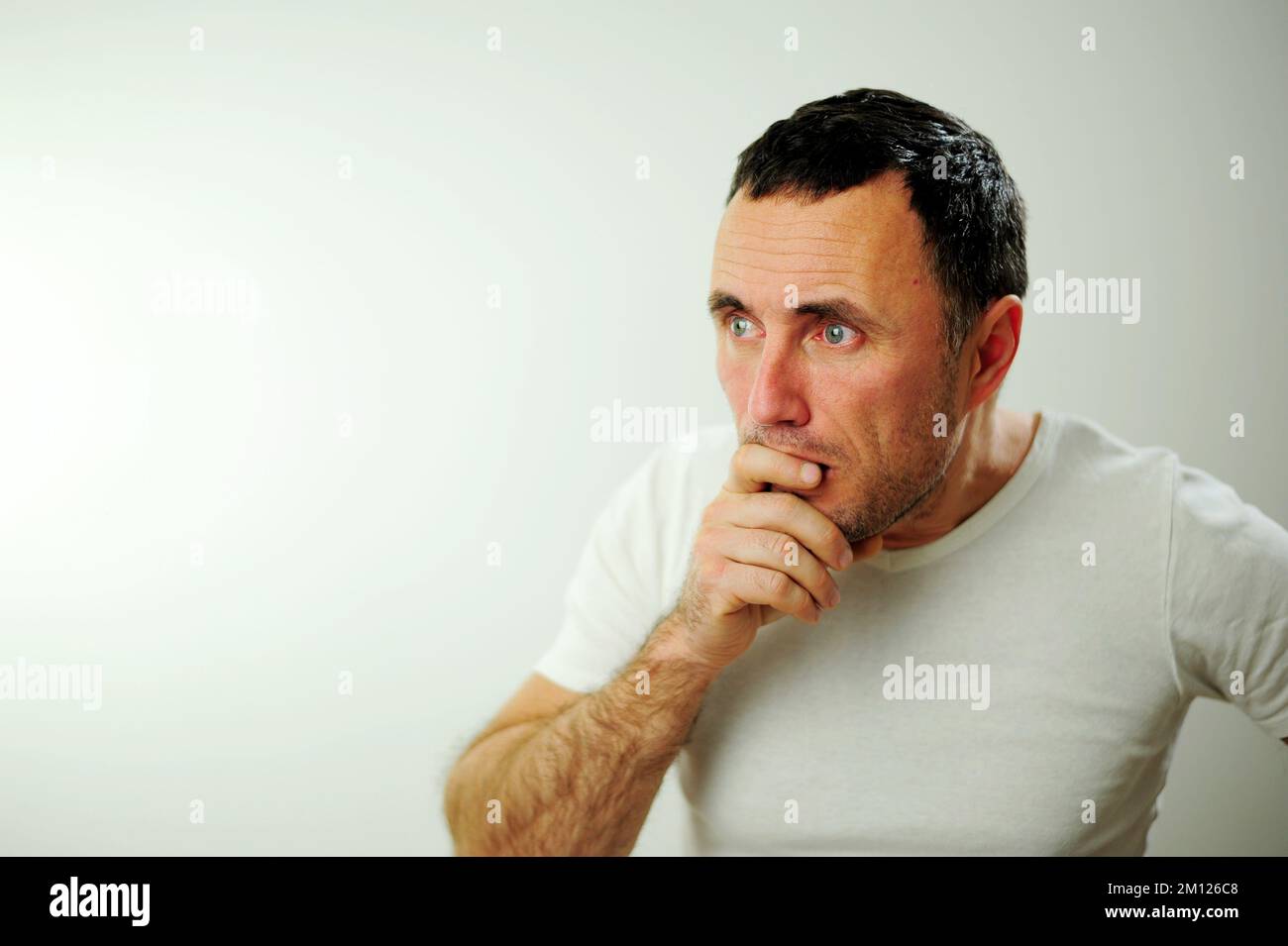 portrait emotional guy feeling sinking heart shortness of breath about ...