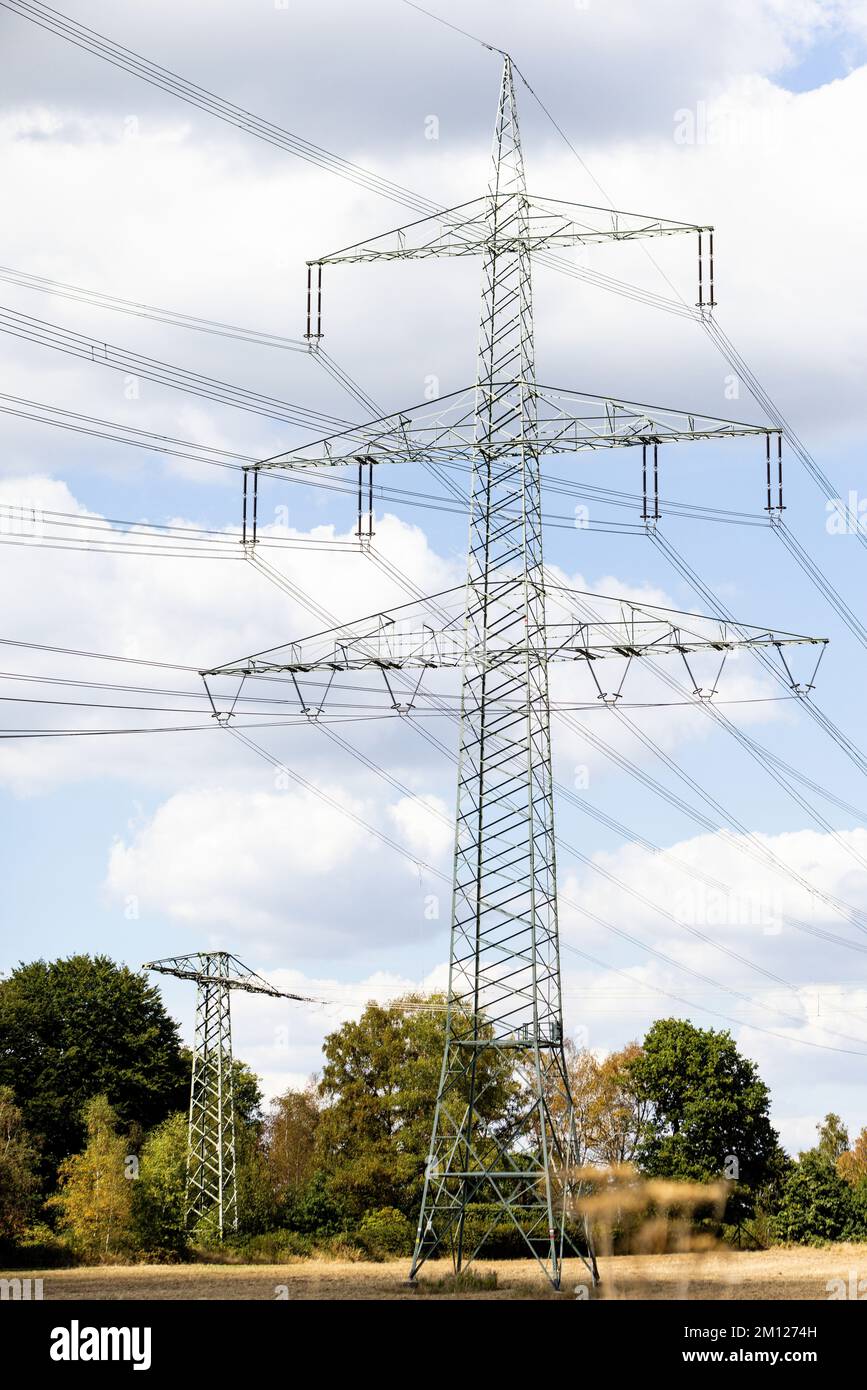 Power pole with overhead lines in bergisches land in germany hi-res ...