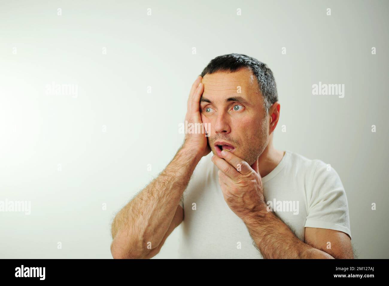 portrait emotional guy feeling sinking heart shortness of breath about ...