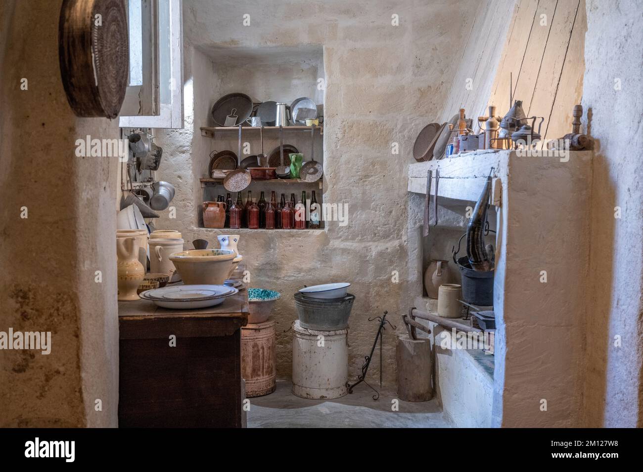 Matera, Matera province, Basilicata, Italy, Europe. Interior of a cave ...