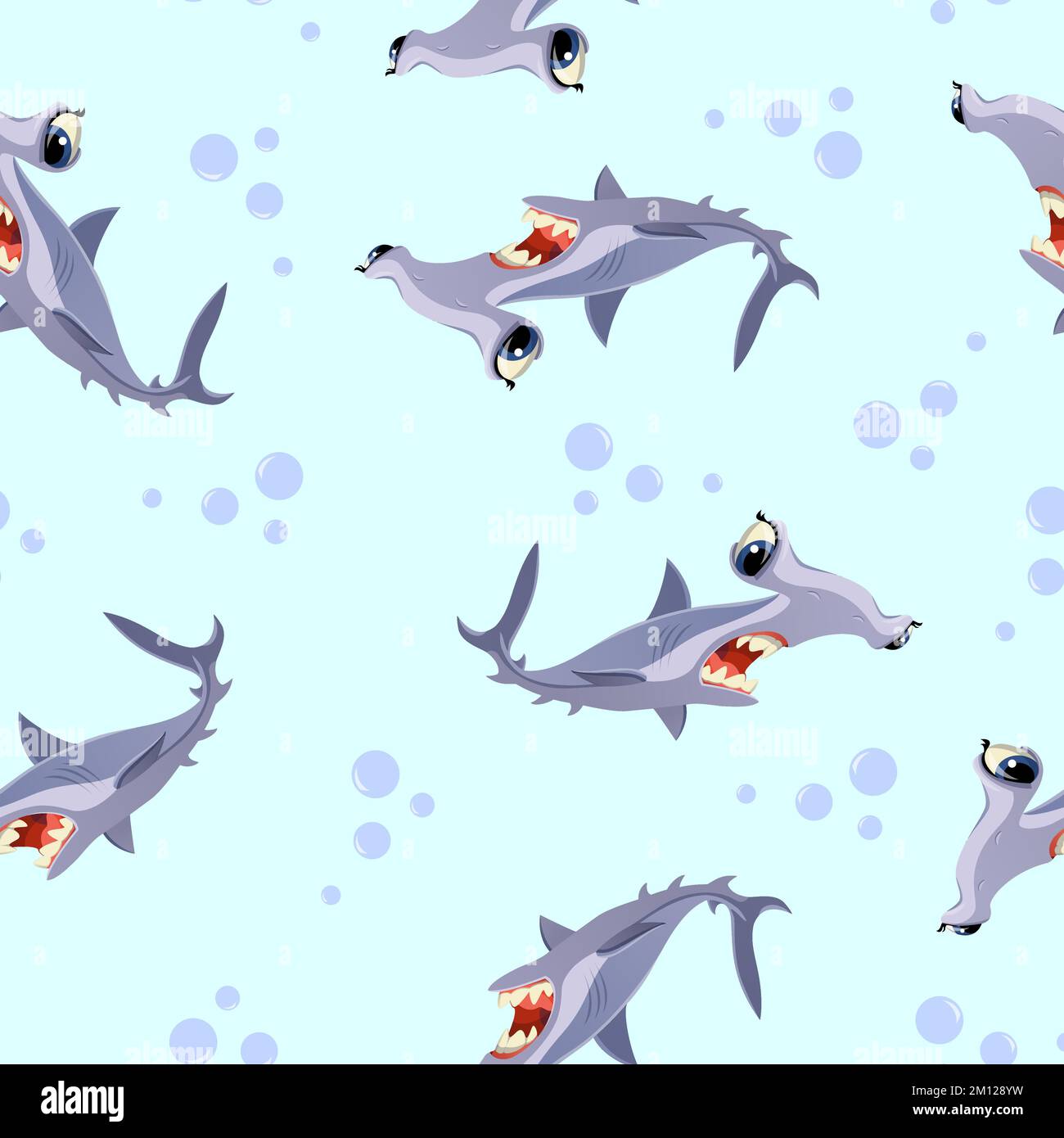 Pattern of sharks in cartoon style on a light pink background for print ...
