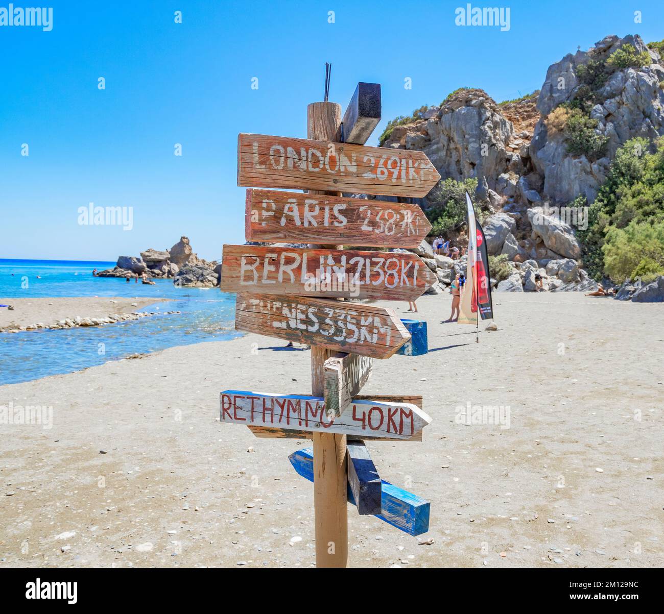 All directions sign post on beach, Preveli beach, Rethymno, Crete ...