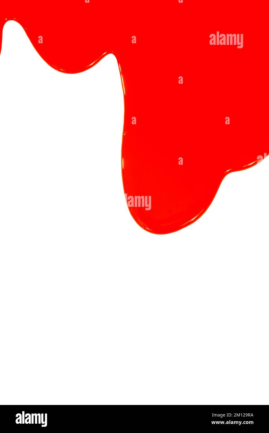 Red paint is flowing down of white background Stock Photo - Alamy