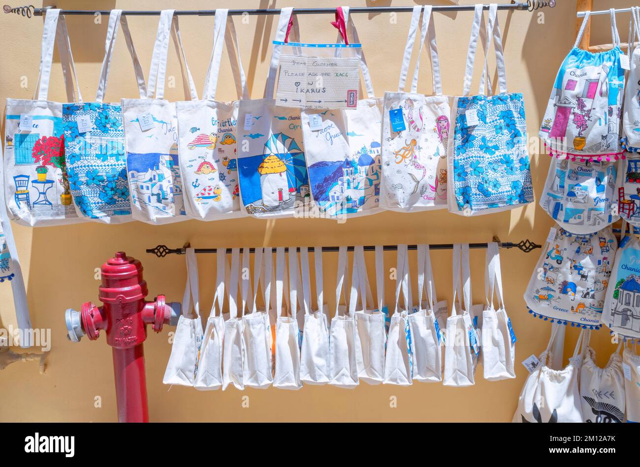 Handmade bags on display, Chania, Crete, Greek Islands, Greece Stock ...