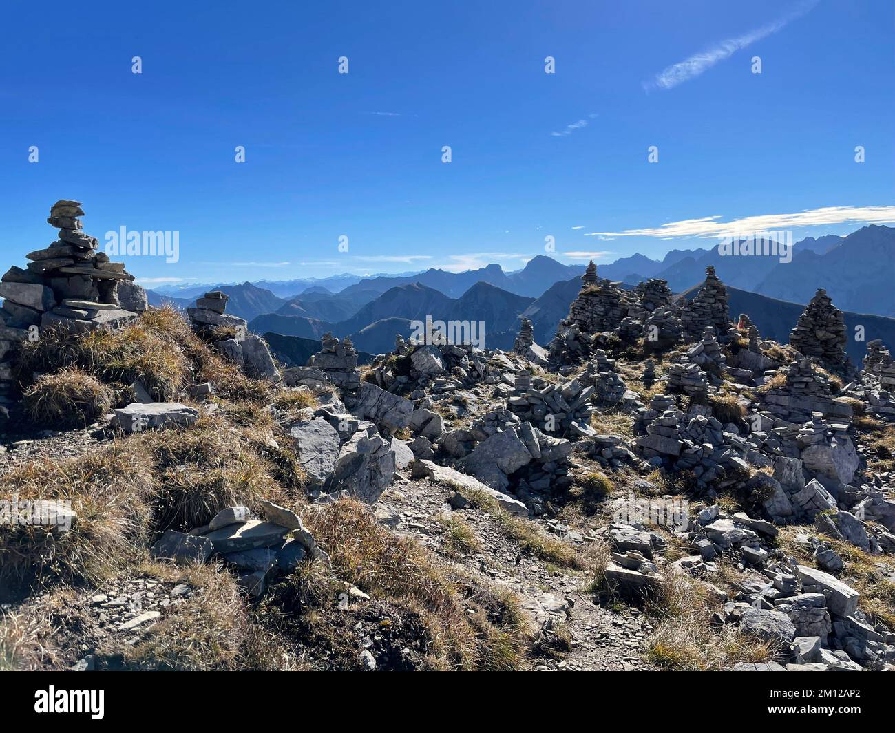 Stone pyramids below the summit of schafreuter in karwendel hi-res ...