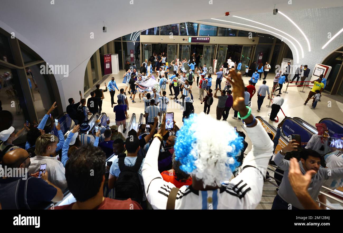 Doha, Qatar, 9th December 2022. Argentina fans arriving on the metro ...