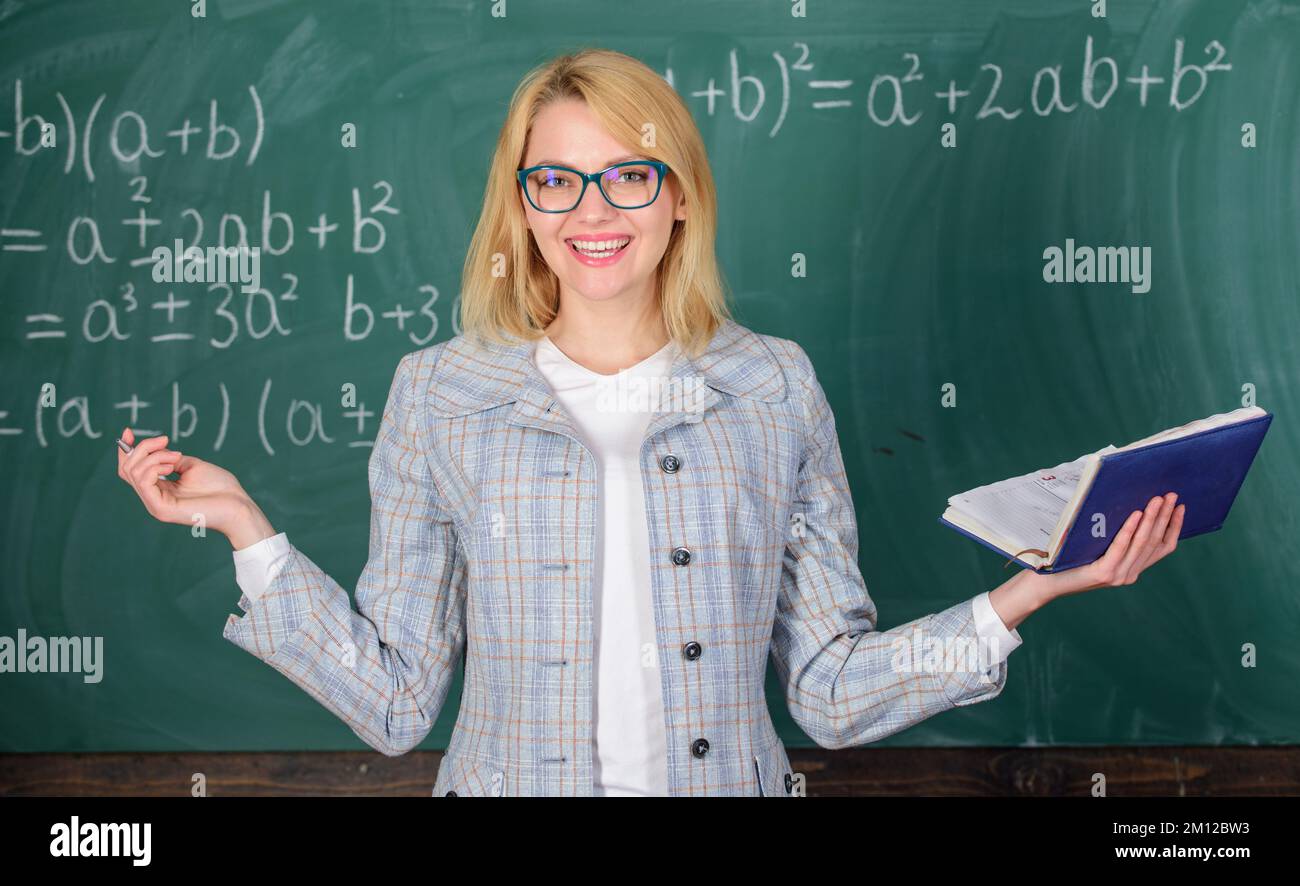Teacher woman with book chalkboard background. Why teacher quit off ...