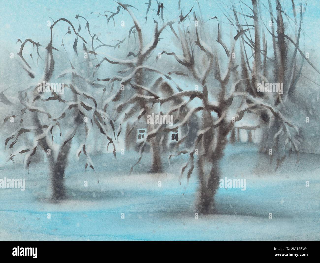 Winter landscape in the village one color watercolor background Stock ...
