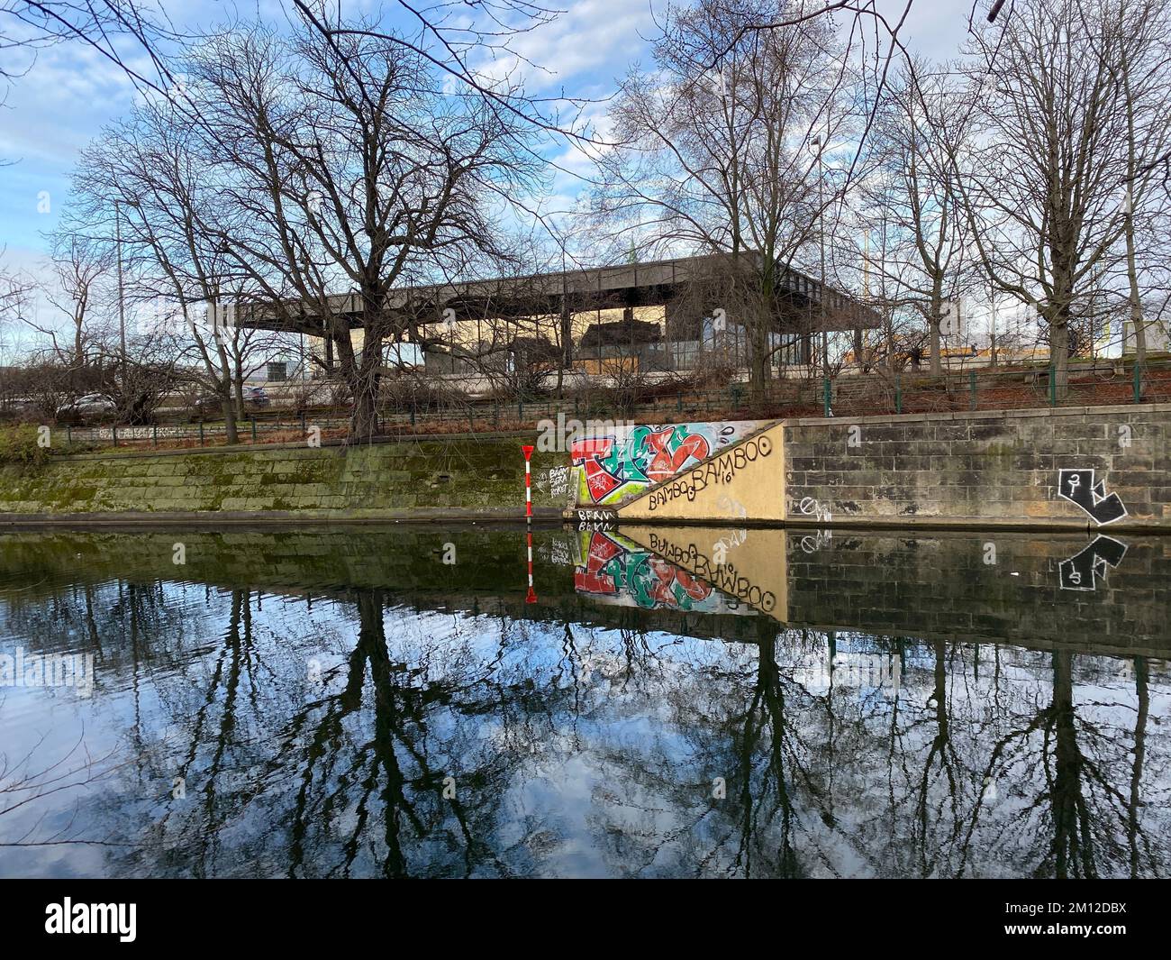 The new national gallery in Berlin by Mies van der Rohe with reflection on the river, Germany ...