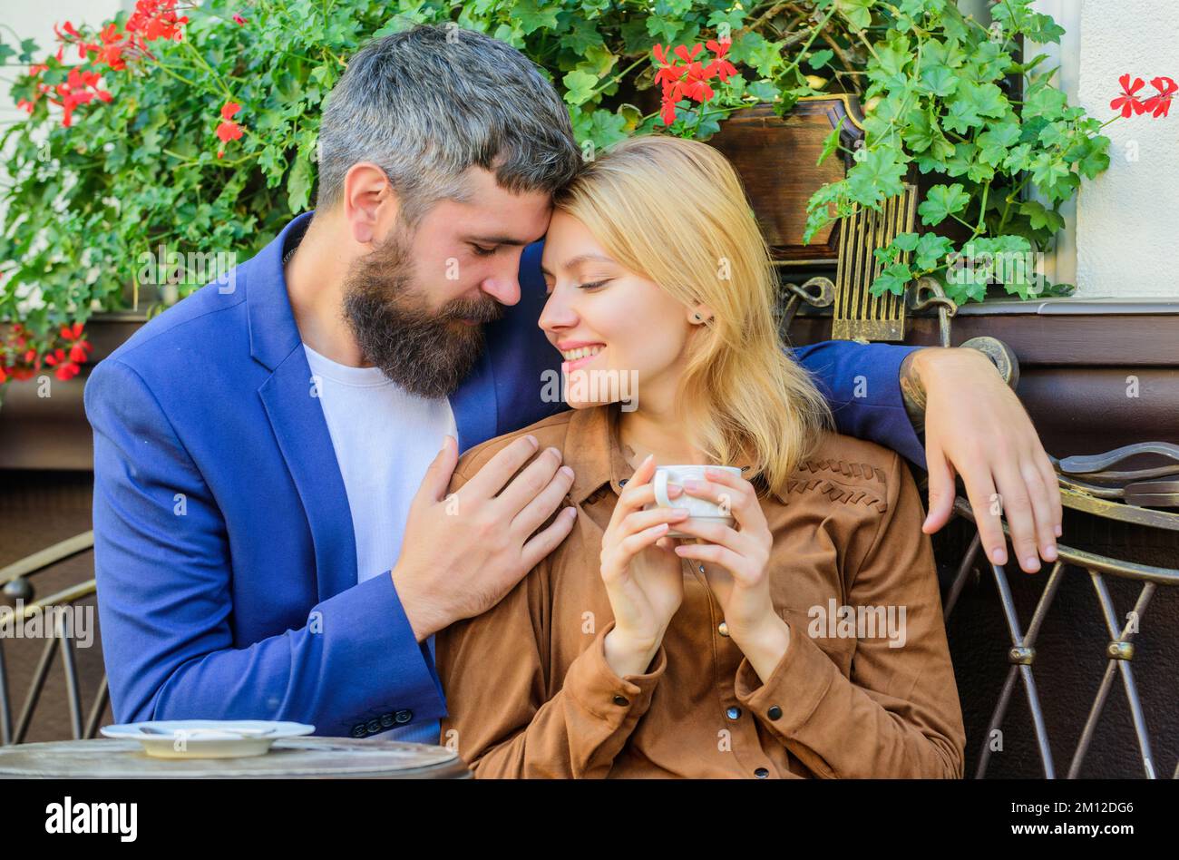 Couple cuddling cafe terrace. Things know before you date businessman ...