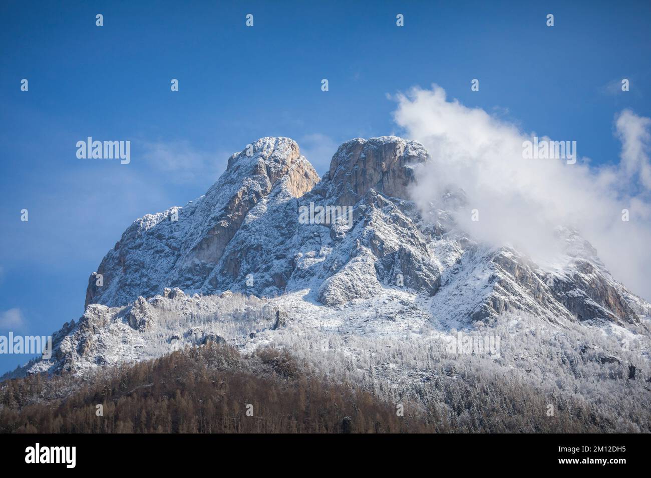 Italy, Veneto, Agordino, Agordo. The mount Framont after a snowfall ...