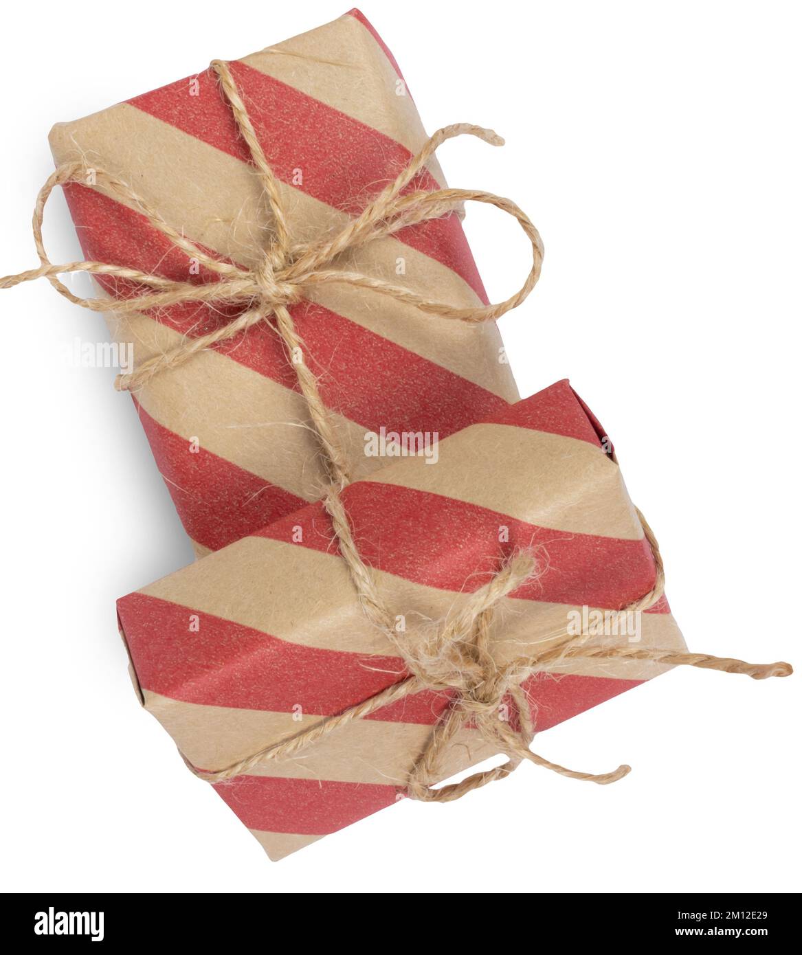Rustic gift boxes wrapped in craft bown and red paper top view isolated ...