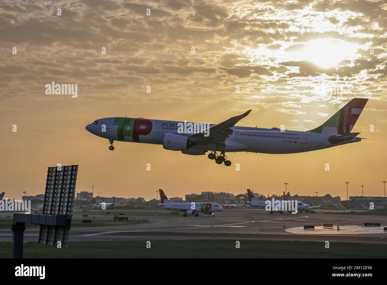 A side view of the TAP Air Portugal airplane departing from Humberto ...