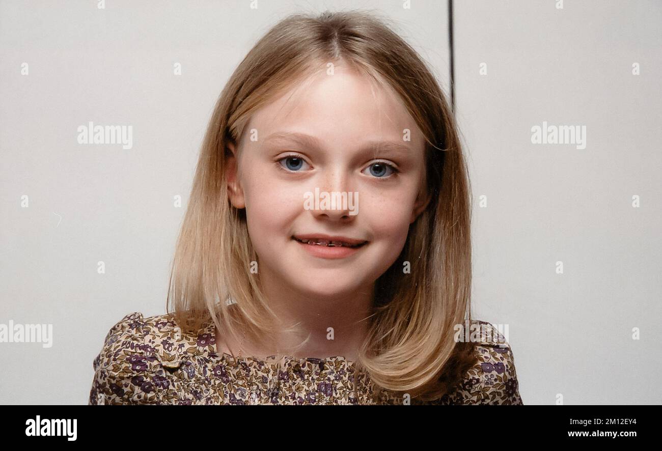 Retro celebrity portraits - Dakota Fanning, at a press conference event, circa 2005. For ...