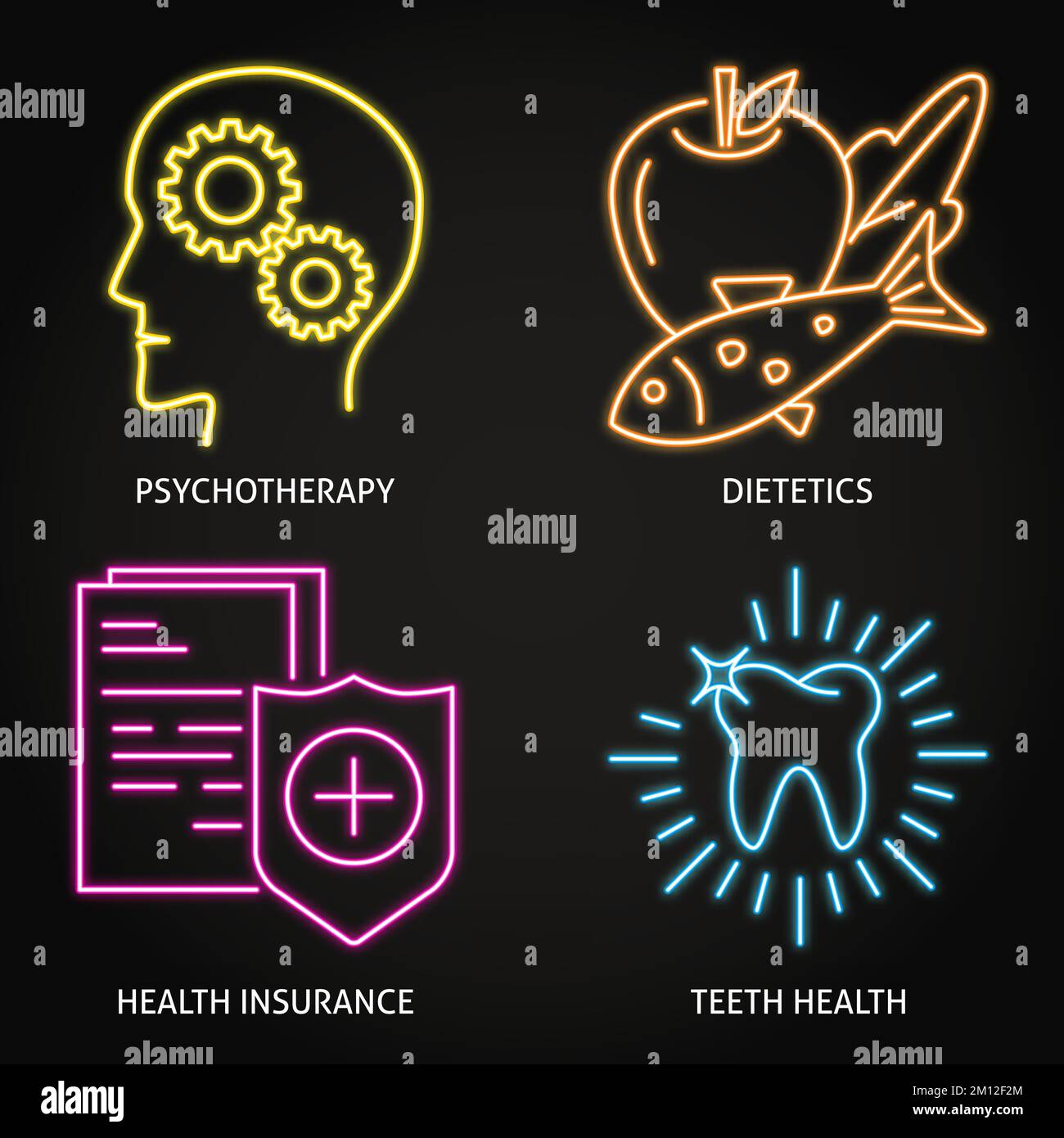 Healthcare and medicine neon icon set. Psychotherapy, dietetics, health ...
