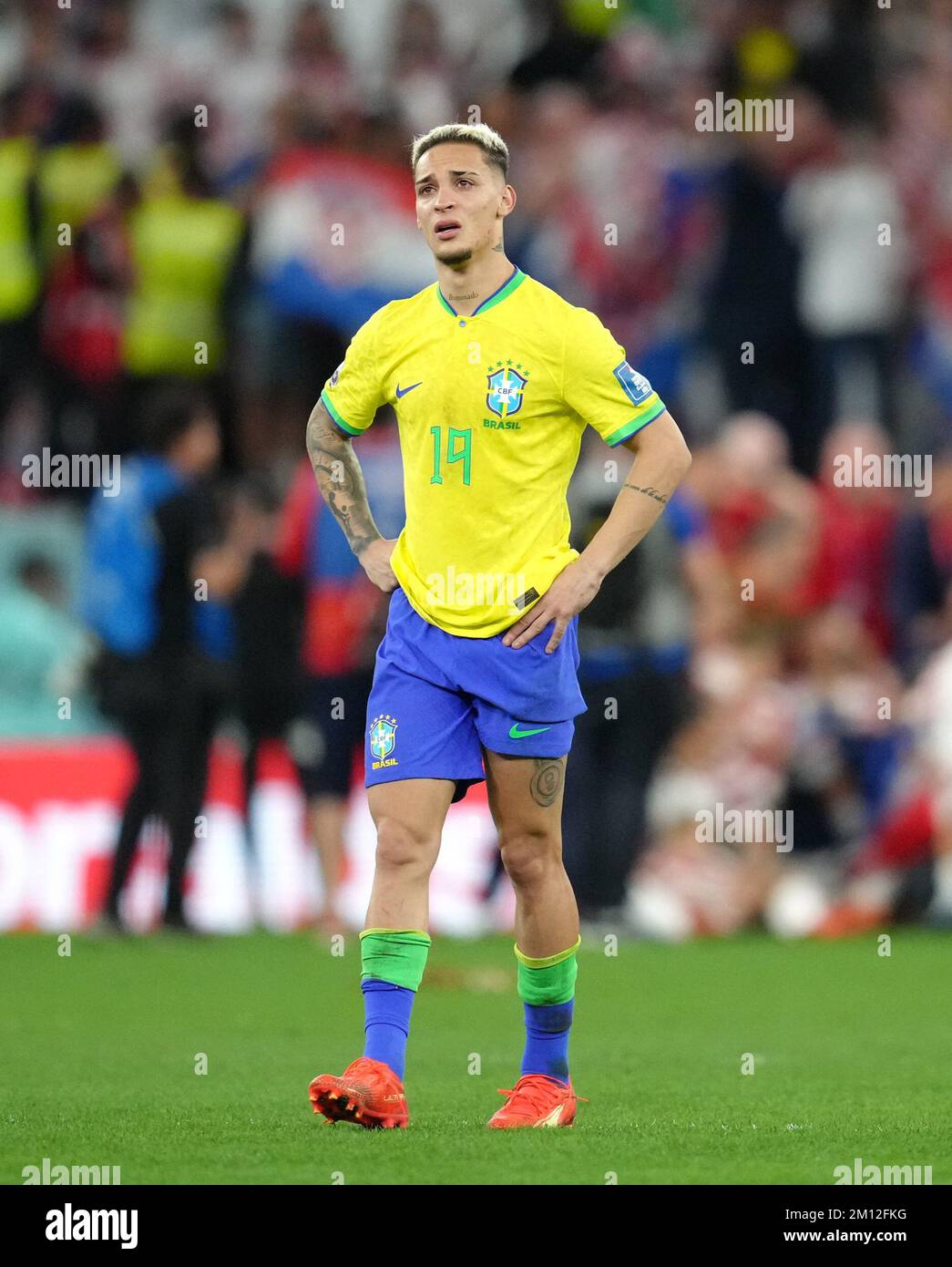 Brazil's Antony reacts to defeat in a penalty shoot-out following the ...