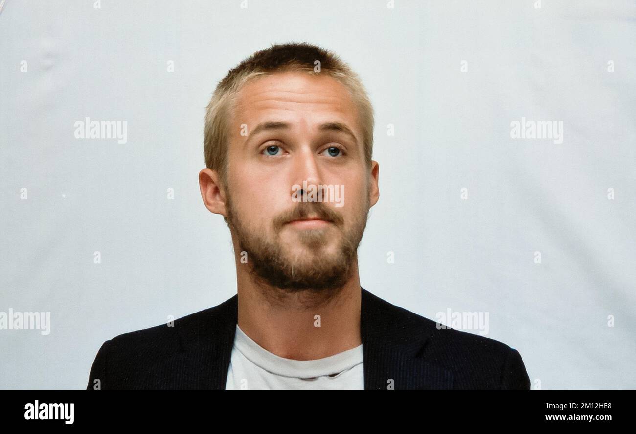 Retro celebrity portraits - Ryan Gosling, at a press conference event ...