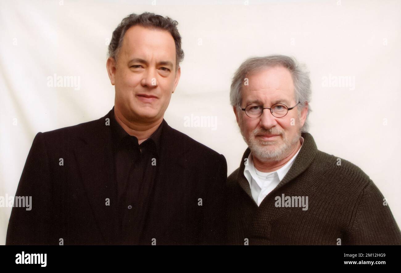 Retro celebrity portraits - Tom Hanks, Steven Spielberg, at a press ...