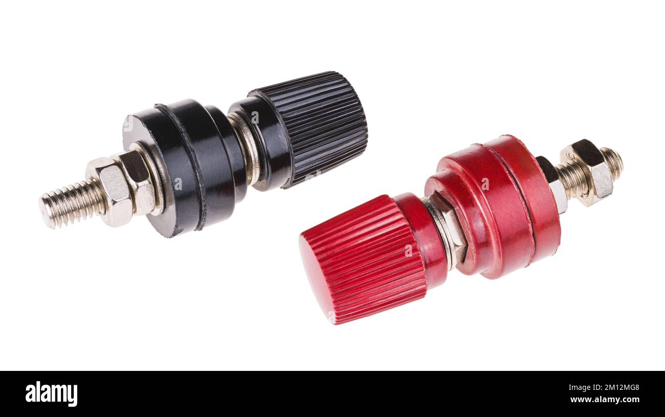 Red and black binding post connector with screw threaded terminal ...