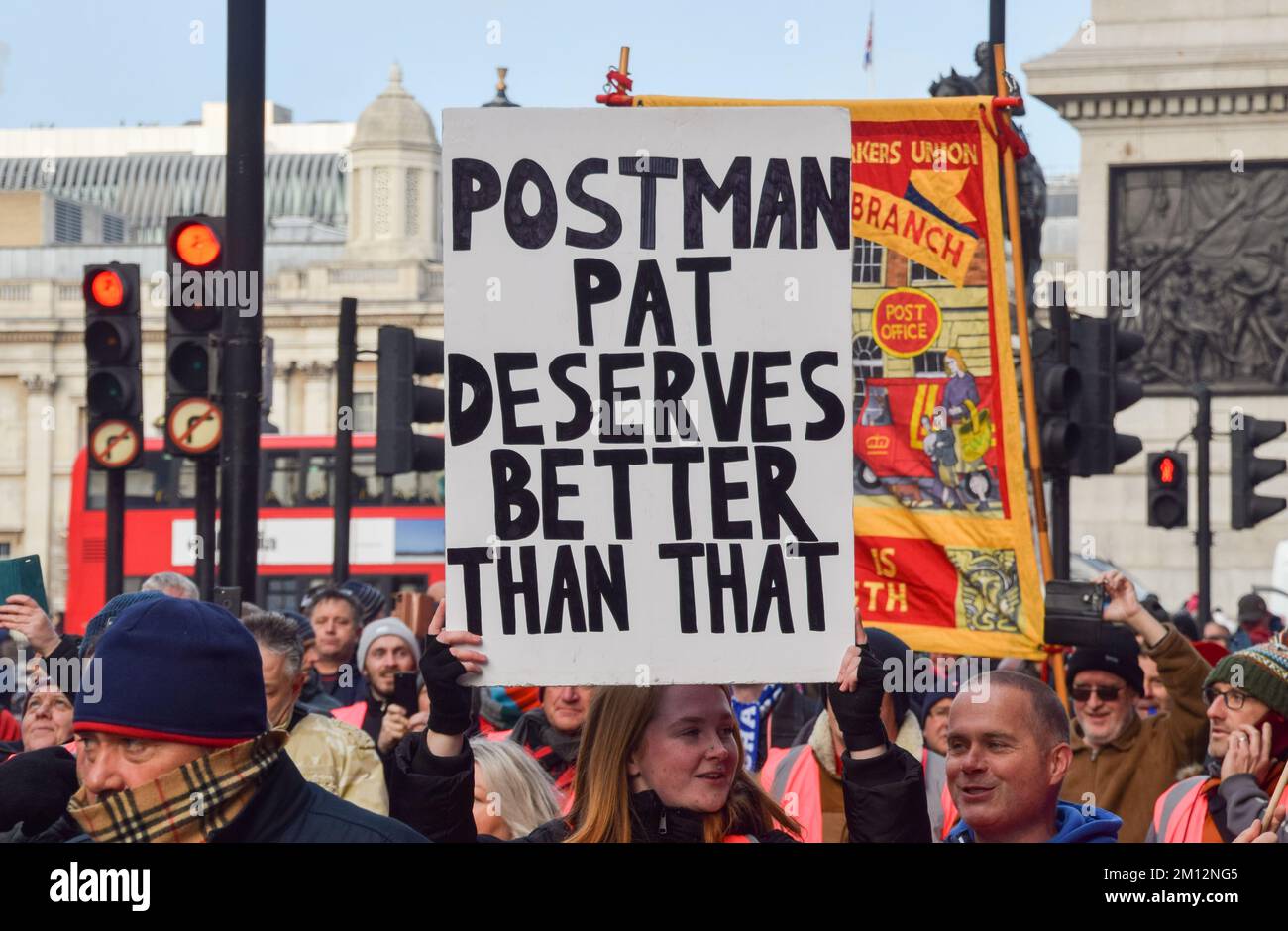 London, UK. 9th December 2022. Protesters march through Trafalgar ...