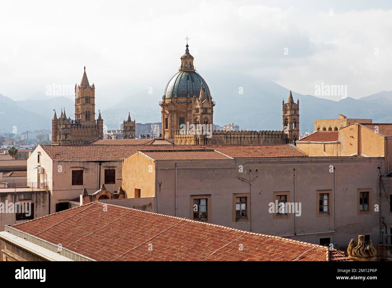 Old town of Palermo, view over the roofs and the cathedral Maria ...