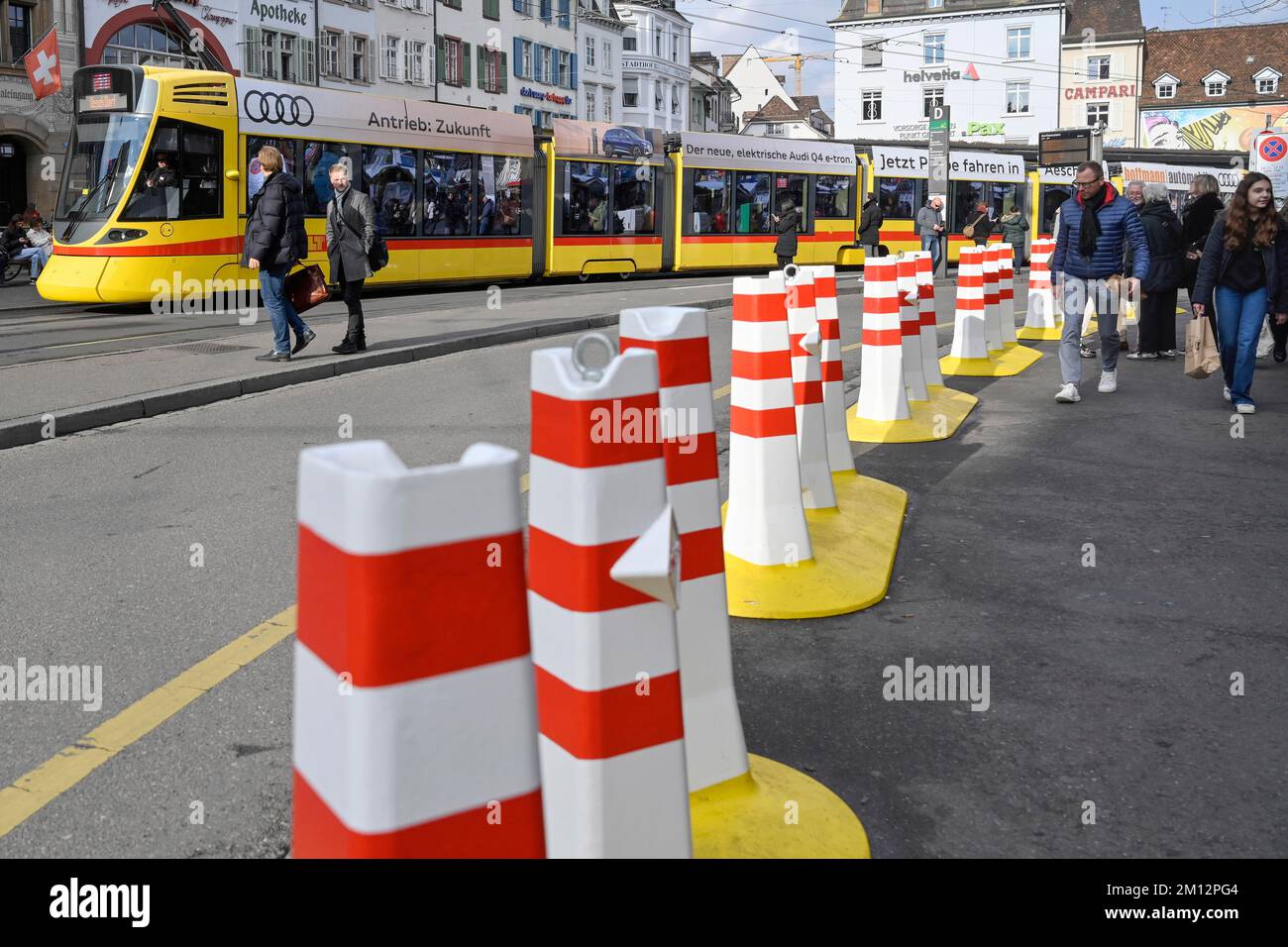 Safety bollards at Barfüsserplatz tram stop, Basel, Switzerland, Europe ...