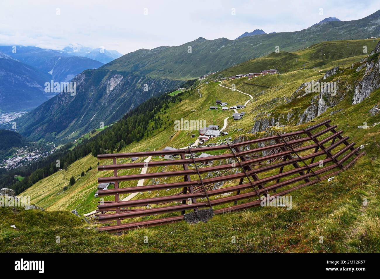 Metal avalanche barrier above the village, Belalp, Canton Valais ...