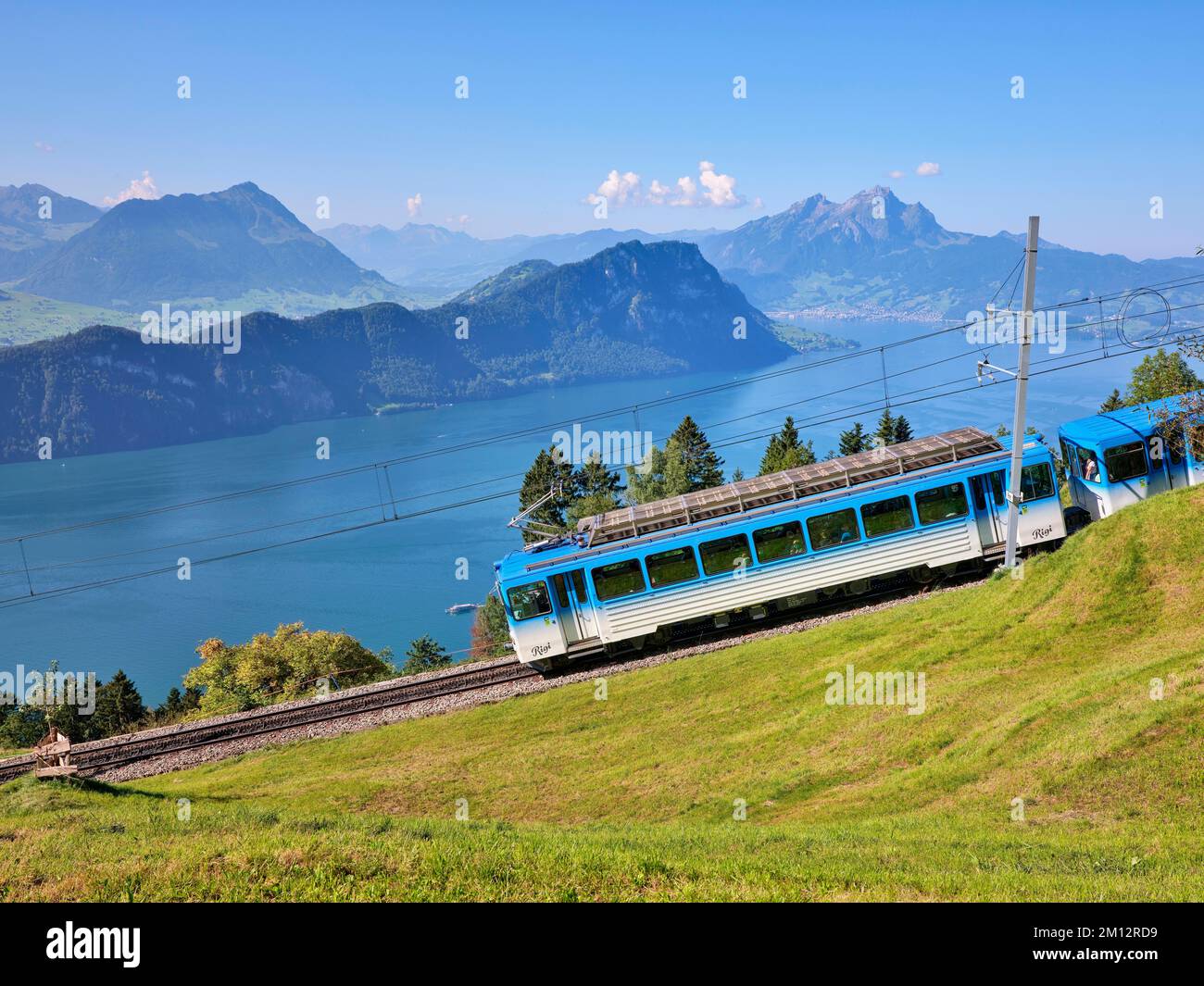 Cogwheel railway up the Rigi, behind Lake Lucerne with Bürgenstock ...