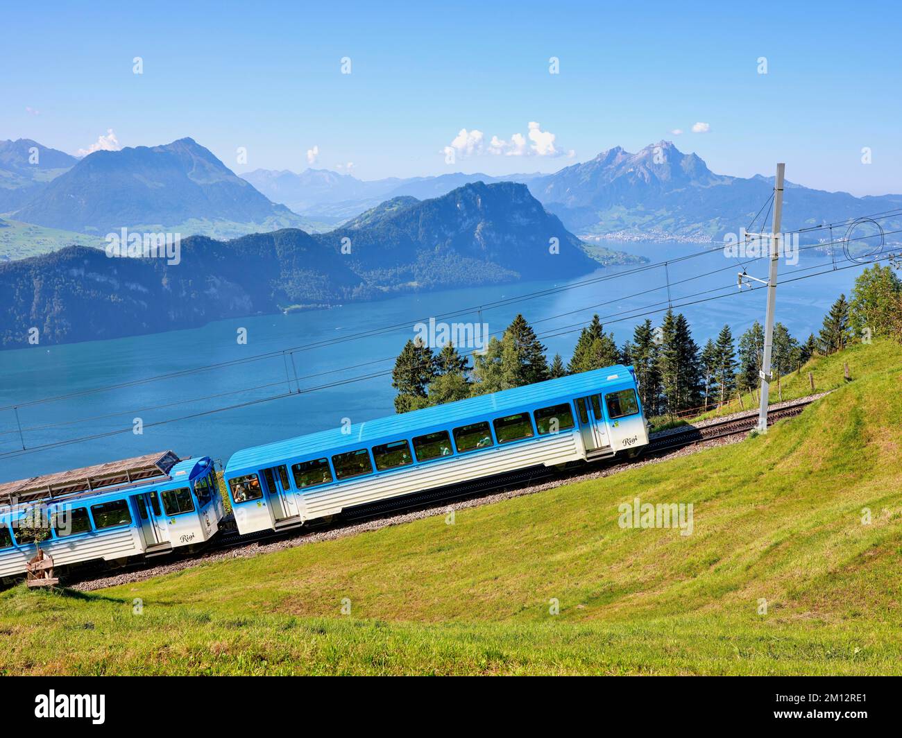 Cogwheel railway up the Rigi, behind Lake Lucerne with Bürgenstock ...