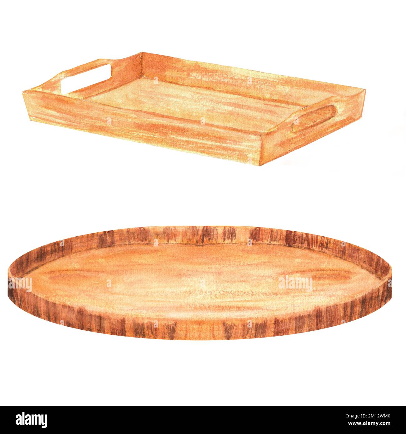 Hand-drawn watercolor wooden trays. A part of big set of kitchen ...