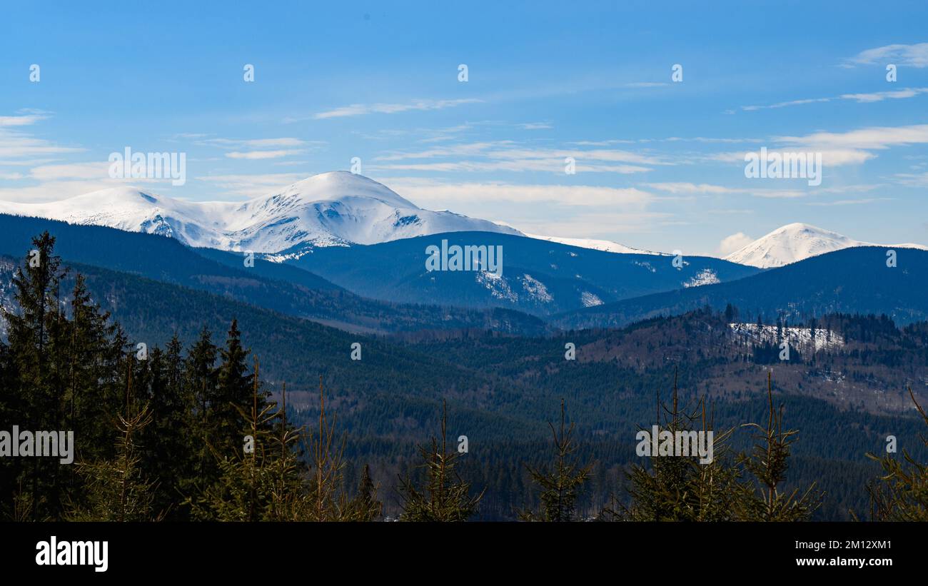 Wonderful views of the Carpathian Mountains covered with snow and clear ...