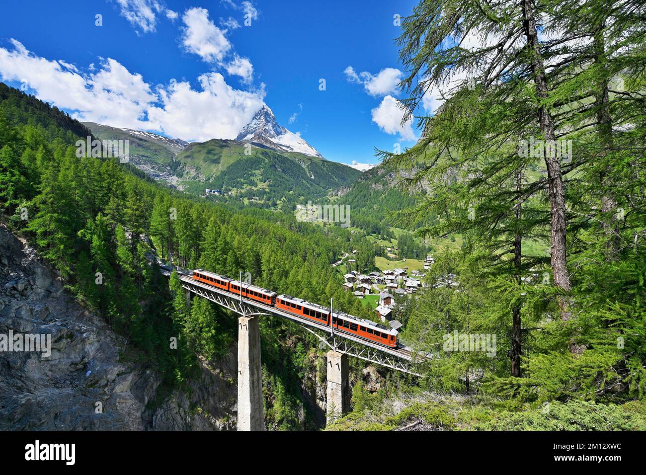 Gornergrat Bahn runs over Findelnbach Viaduct, behind Matterhorn ...