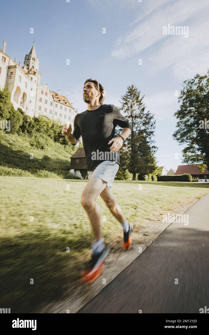Germany, Baden-Wuerttemberg, Sigmaringen, Hohenzollern castle, man ...