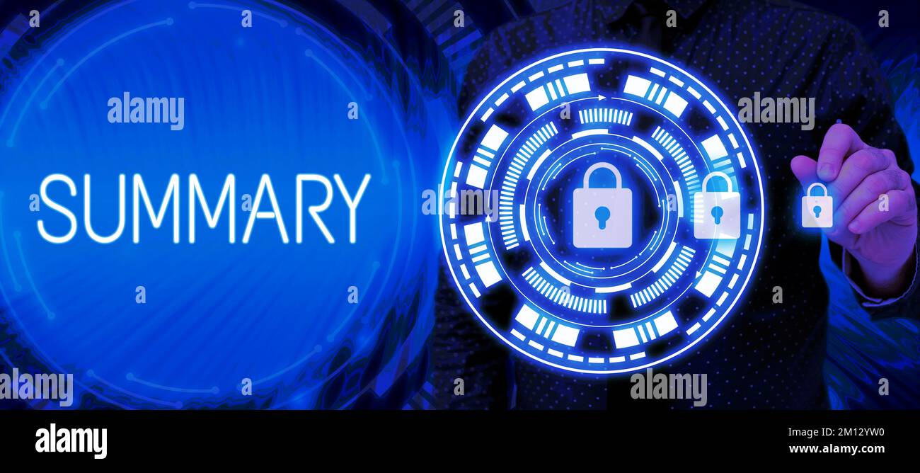 Sign displaying Summary. Business showcase Brief Statement Abstract ...