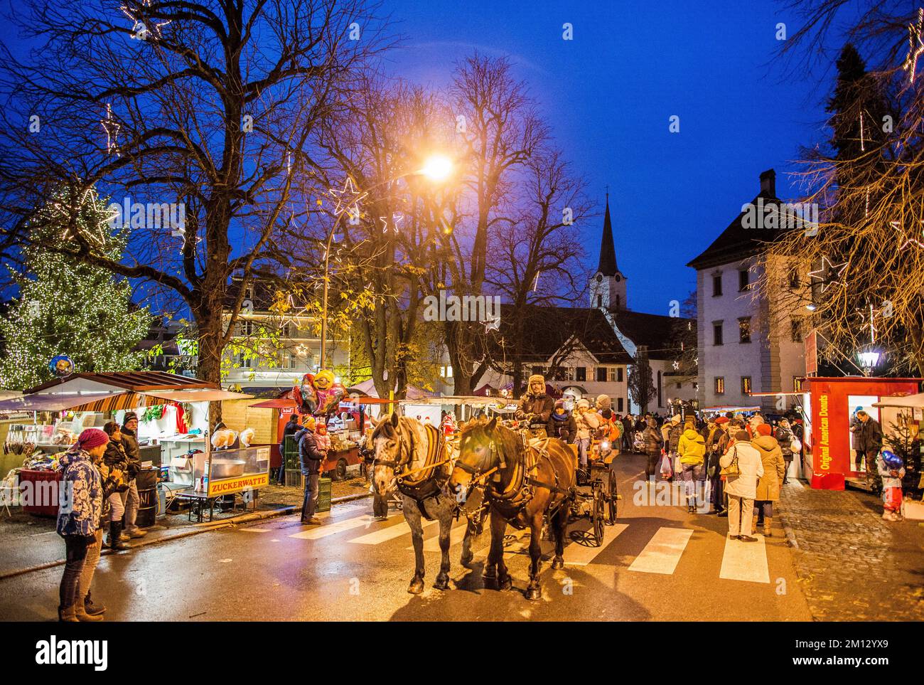 Horse-drawn carriage at the Christmas market in Hohenems, count's ...