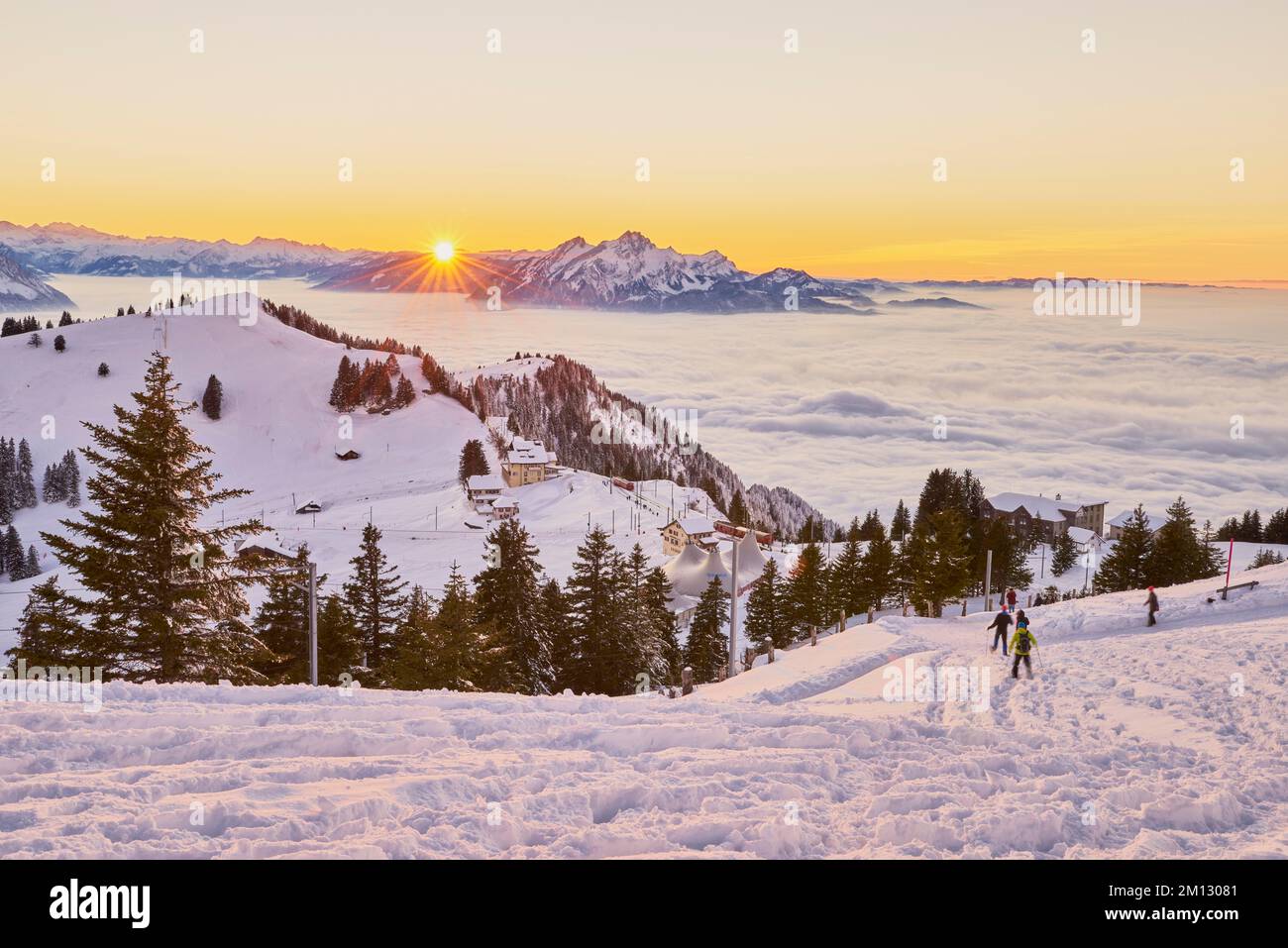 Winter landscape, sunset from Rigi Kulm with view of Rigi Staffel and ...