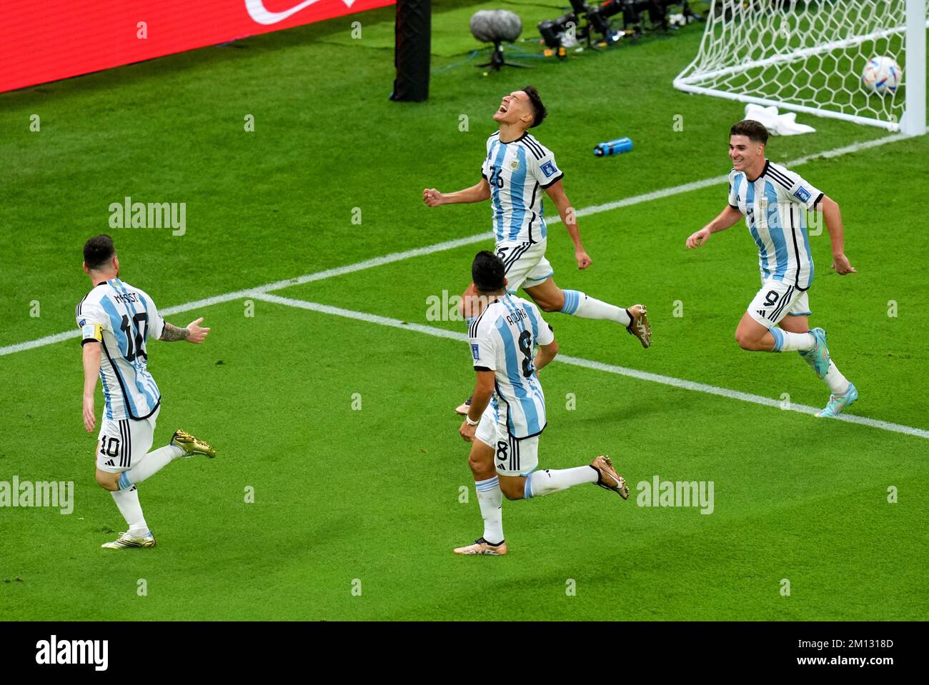 Argentina's Nahuel Molina celebrates scoring their side's first goal of ...
