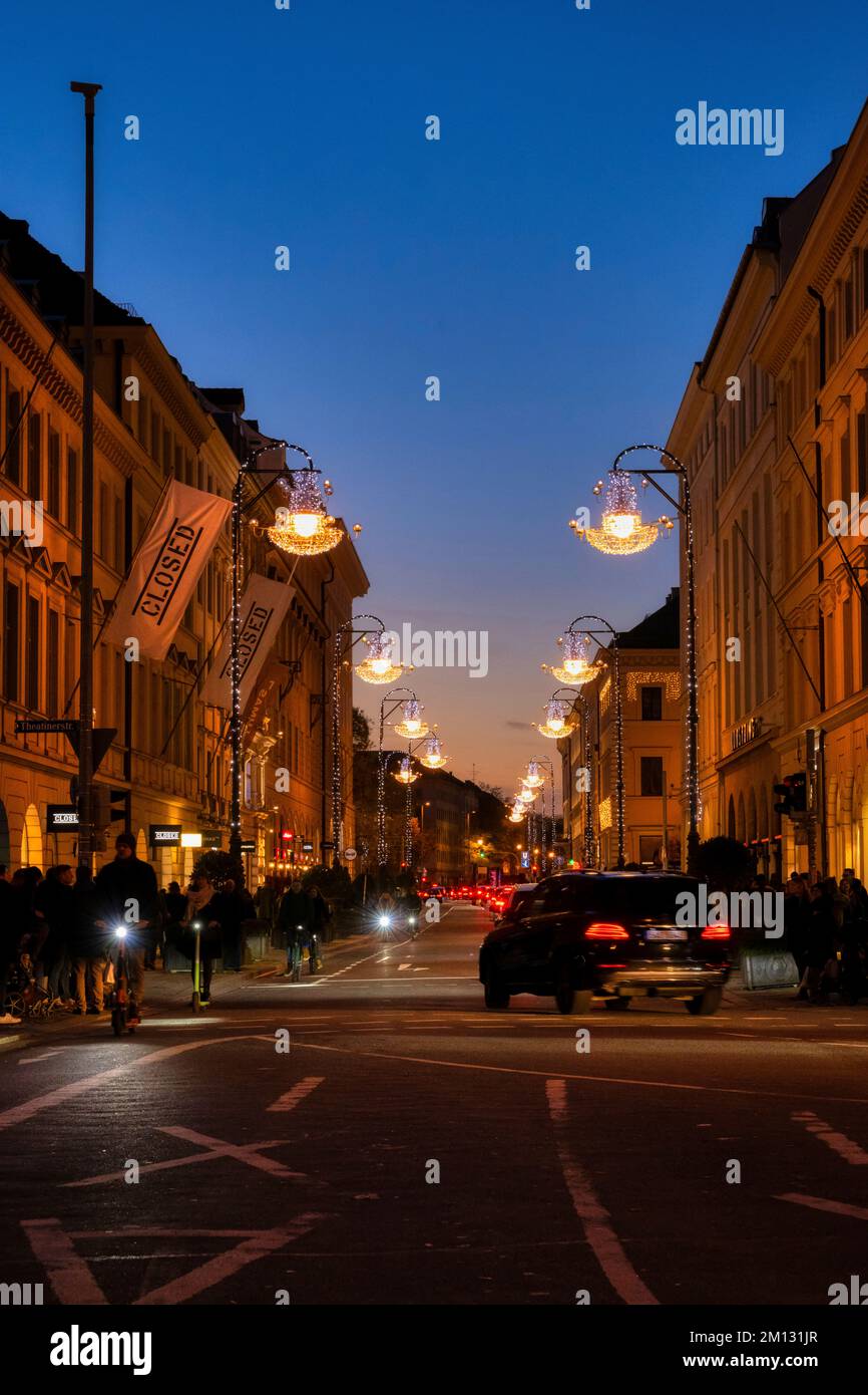 Brienner street at blue hour with christmas lights in munich hi-res ...